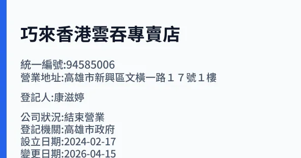 巧來香港雲吞專賣店的照片-統編 94585006(高雄市) 公司登記資料與營業項目詳細圖表