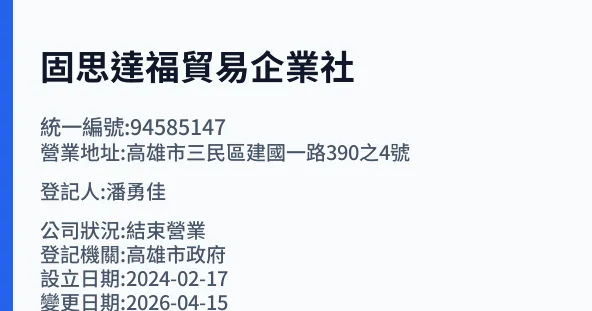 固思達福貿易企業社的照片-統編 94585147(高雄市) 公司登記資料與營業項目詳細圖表