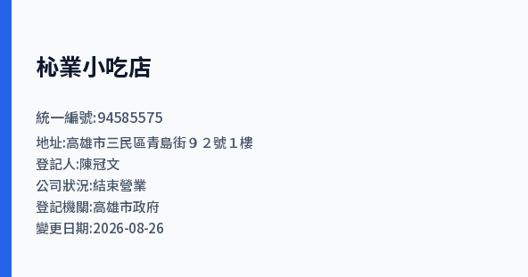 杺業小吃店的照片-統編 94585575(高雄市) 公司登記資料與營業項目詳細圖表