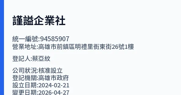 謹謚企業社的照片-統編 94585907(高雄市) 公司登記資料與營業項目詳細圖表