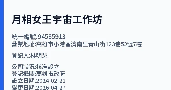 月相女王宇宙工作坊的照片-統編 94585913(高雄市) 公司登記資料與營業項目詳細圖表