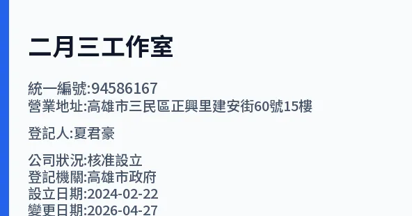 二月三工作室的照片-統編 94586167(高雄市) 公司登記資料與營業項目詳細圖表