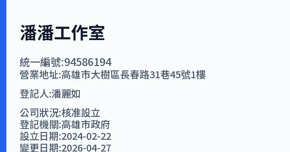 潘潘工作室的照片-統編 94586194(高雄市) 公司登記資料與營業項目詳細圖表