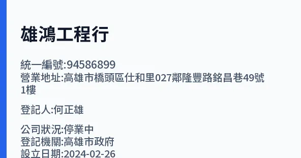 雄鴻工程行的照片-統編 94586899(高雄市) 公司登記資料與營業項目詳細圖表