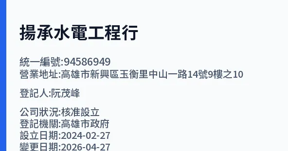 揚承水電工程行的照片-統編 94586949(高雄市) 公司登記資料與營業項目詳細圖表