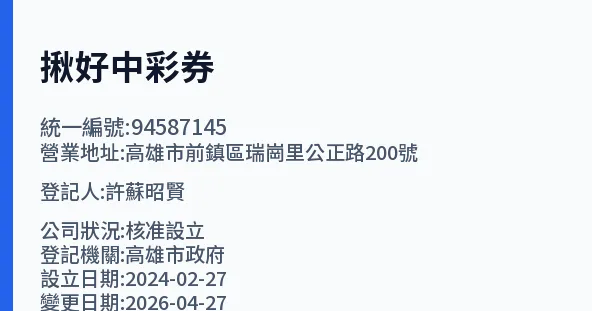 揪好中彩券的照片-統編 94587145(高雄市) 公司登記資料與營業項目詳細圖表