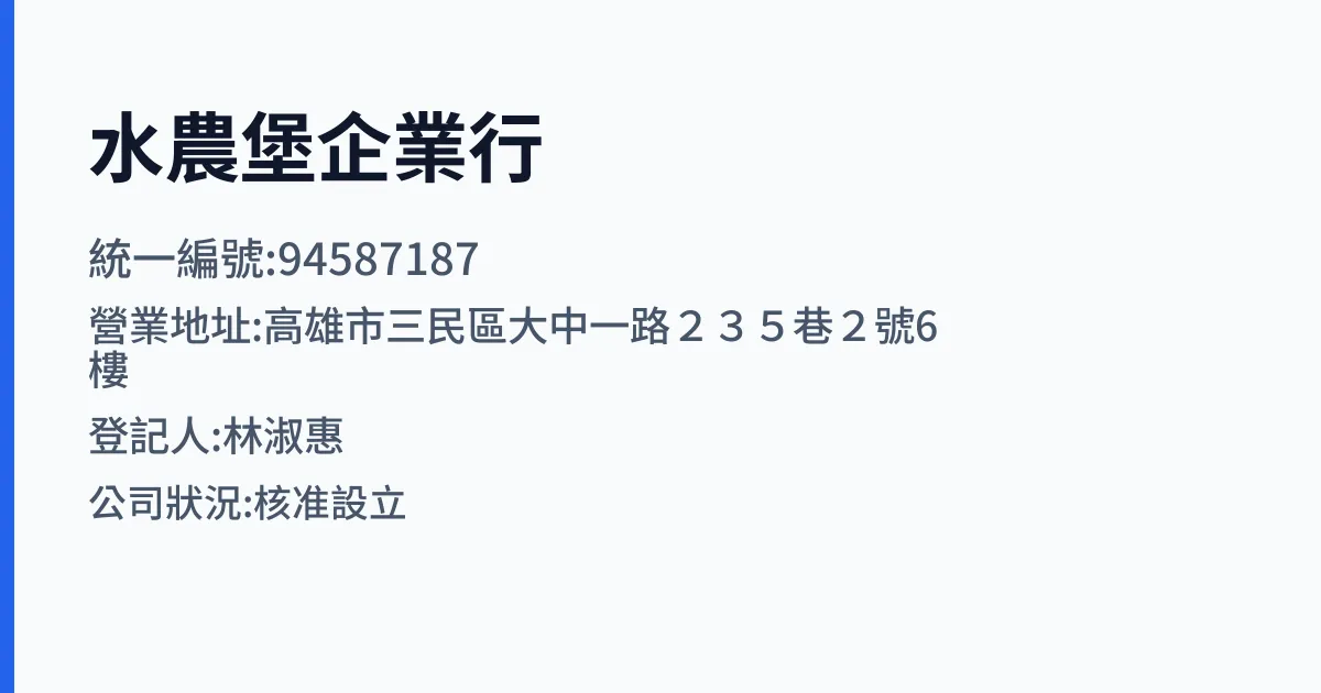 水農堡企業行 - 統編 94587187(高雄市) 公司登記資料與營業項目詳細圖表