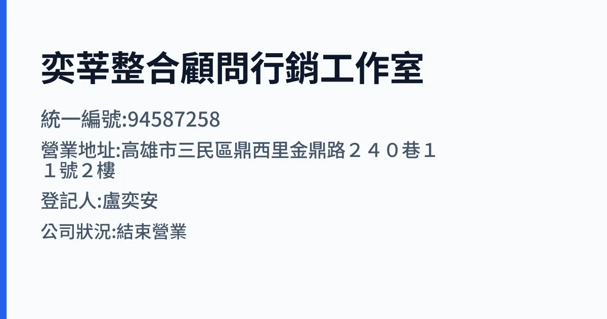 奕莘整合顧問行銷工作室 - 統編 94587258(高雄市) 公司登記資料與營業項目詳細圖表