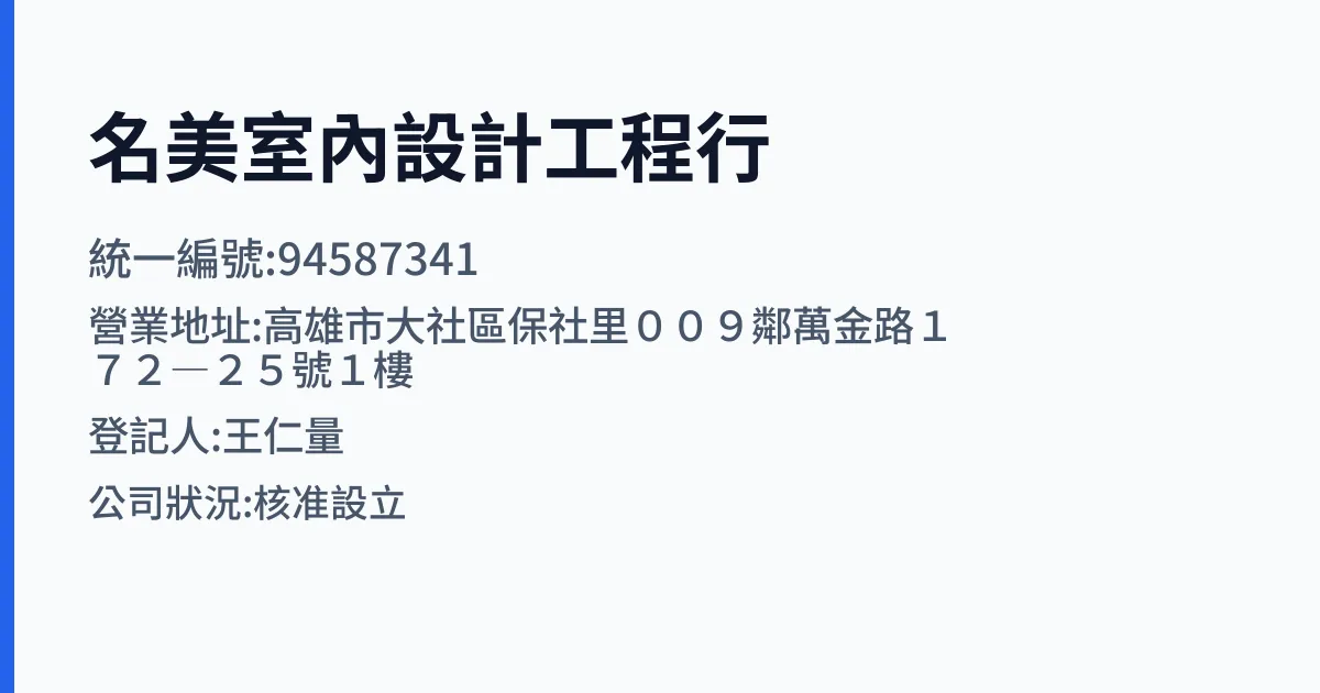 名美室內設計工程行 - 統編 94587341(高雄市) 公司登記資料與營業項目詳細圖表