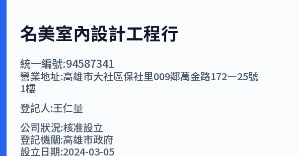 名美室內設計工程行的照片-統編 94587341(高雄市) 公司登記資料與營業項目詳細圖表