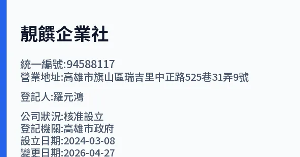 靚饌企業社的照片-統編 94588117(高雄市) 公司登記資料與營業項目詳細圖表