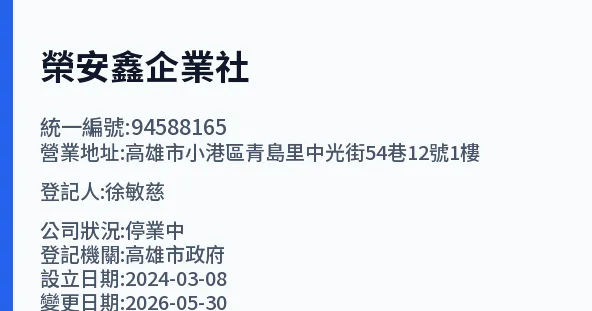 榮安鑫企業社的照片-統編 94588165(高雄市) 公司登記資料與營業項目詳細圖表