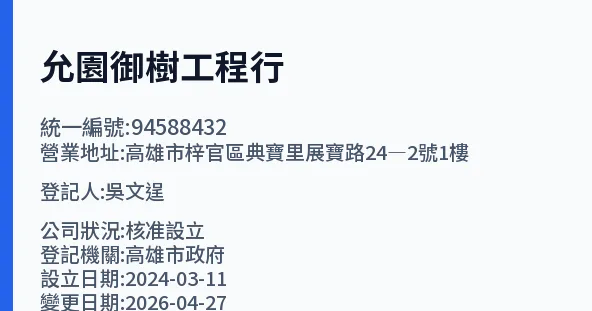 允園御樹工程行的照片-統編 94588432(高雄市) 公司登記資料與營業項目詳細圖表