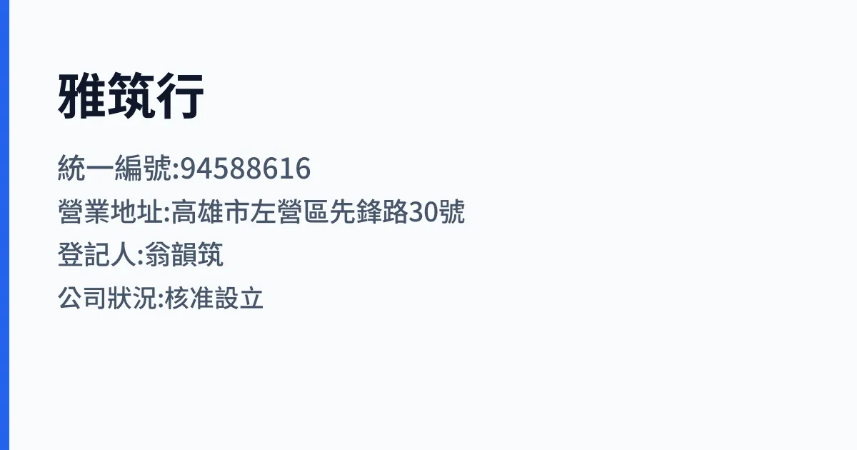 雅筑行 - 統編 94588616(高雄市) 公司登記資料與營業項目詳細圖表