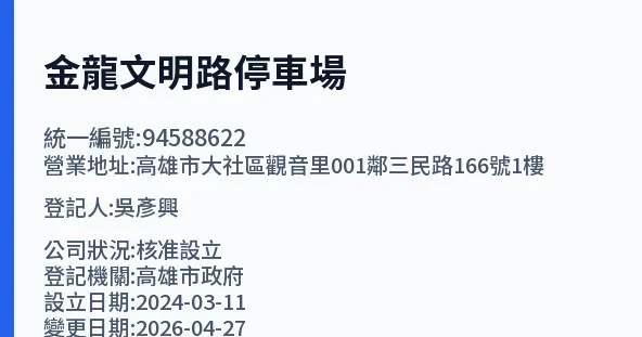 金龍文明路停車場的照片-統編 94588622(高雄市) 公司登記資料與營業項目詳細圖表