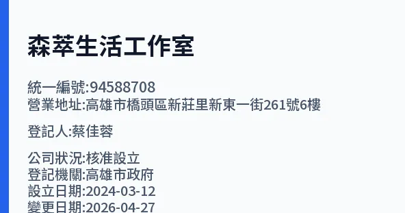 森萃生活工作室的照片-統編 94588708(高雄市) 公司登記資料與營業項目詳細圖表