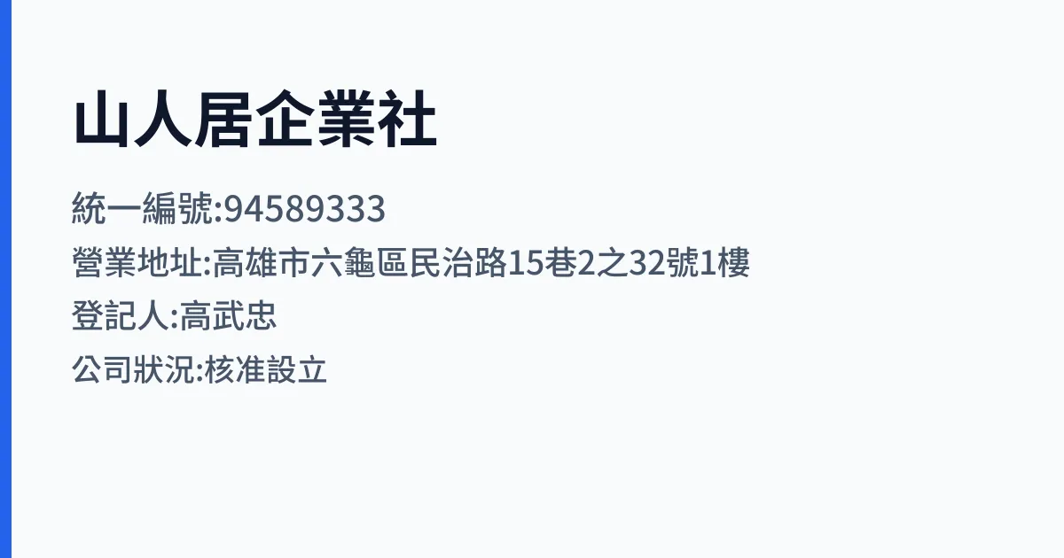 山人居企業社 - 統編 94589333(高雄市) 公司登記資料與營業項目詳細圖表