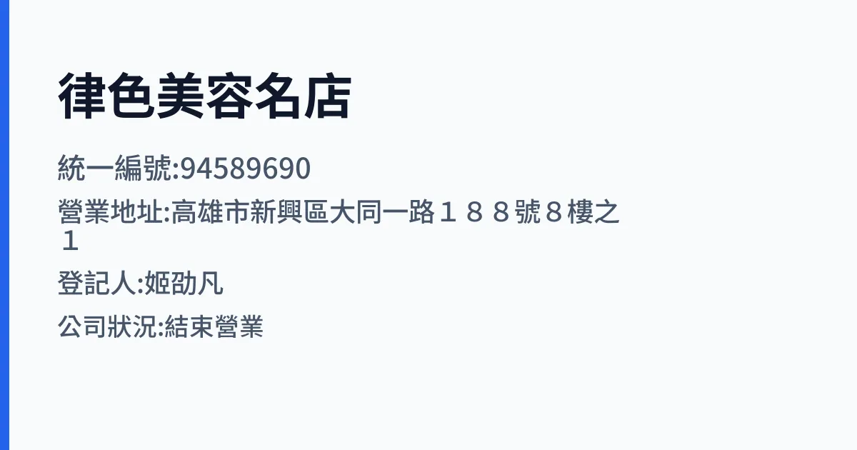 律色美容名店 - 統編 94589690(高雄市) 公司登記資料與營業項目詳細圖表