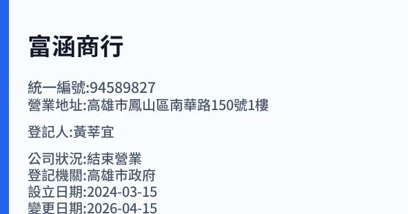 富涵商行的照片-統編 94589827(高雄市) 公司登記資料與營業項目詳細圖表
