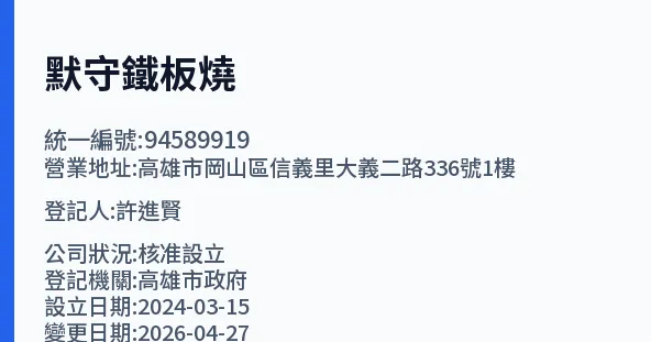 默守鐵板燒的照片-統編 94589919(高雄市) 公司登記資料與營業項目詳細圖表