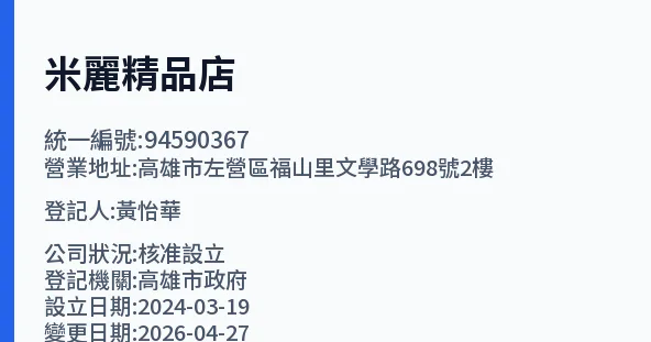 米麗精品店的照片-統編 94590367(高雄市) 公司登記資料與營業項目詳細圖表