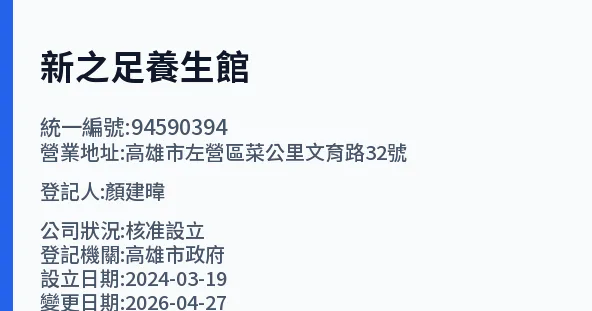 新之足養生館的照片-統編 94590394(高雄市) 公司登記資料與營業項目詳細圖表