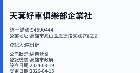 天萁好車俱樂部企業社的照片-統編 94590444(高雄市) 公司登記資料與營業項目詳細圖表