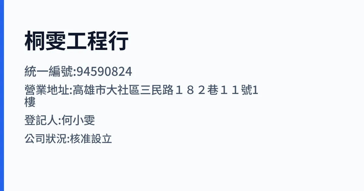 桐雯工程行 - 統編 94590824(高雄市) 公司登記資料與營業項目詳細圖表