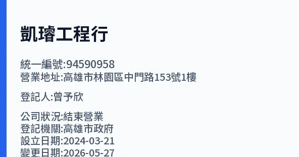 凱璿工程行的照片-統編 94590958(高雄市) 公司登記資料與營業項目詳細圖表