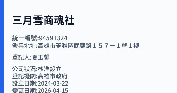 三月雪商魂社的照片-統編 94591324(高雄市) 公司登記資料與營業項目詳細圖表