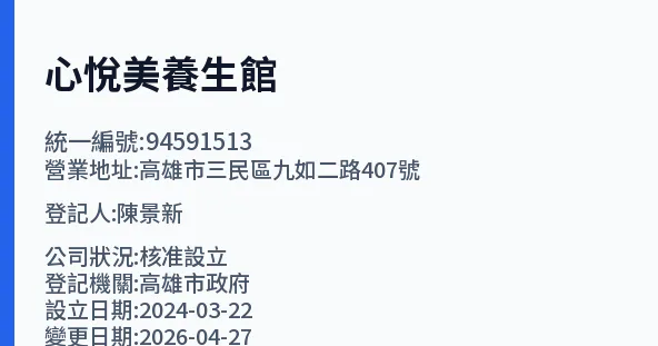 心悅美養生館的照片-統編 94591513(高雄市) 公司登記資料與營業項目詳細圖表