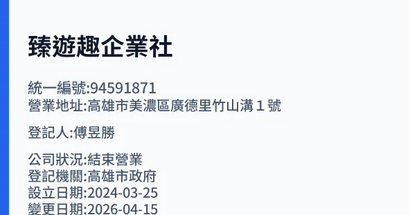 臻遊趣企業社的照片-統編 94591871(高雄市) 公司登記資料與營業項目詳細圖表