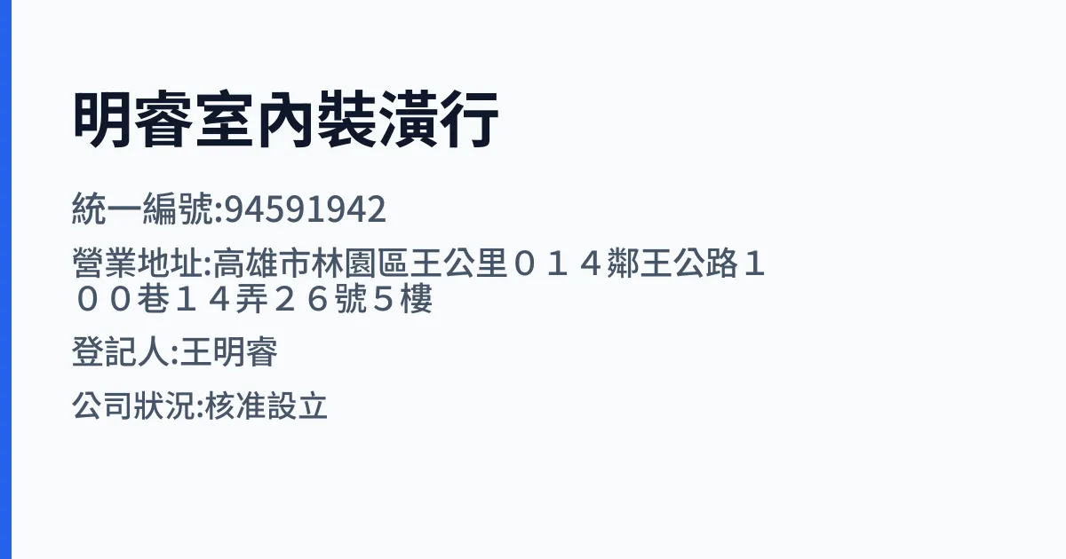明睿室內裝潢行 - 統編 94591942(高雄市) 公司登記資料與營業項目詳細圖表