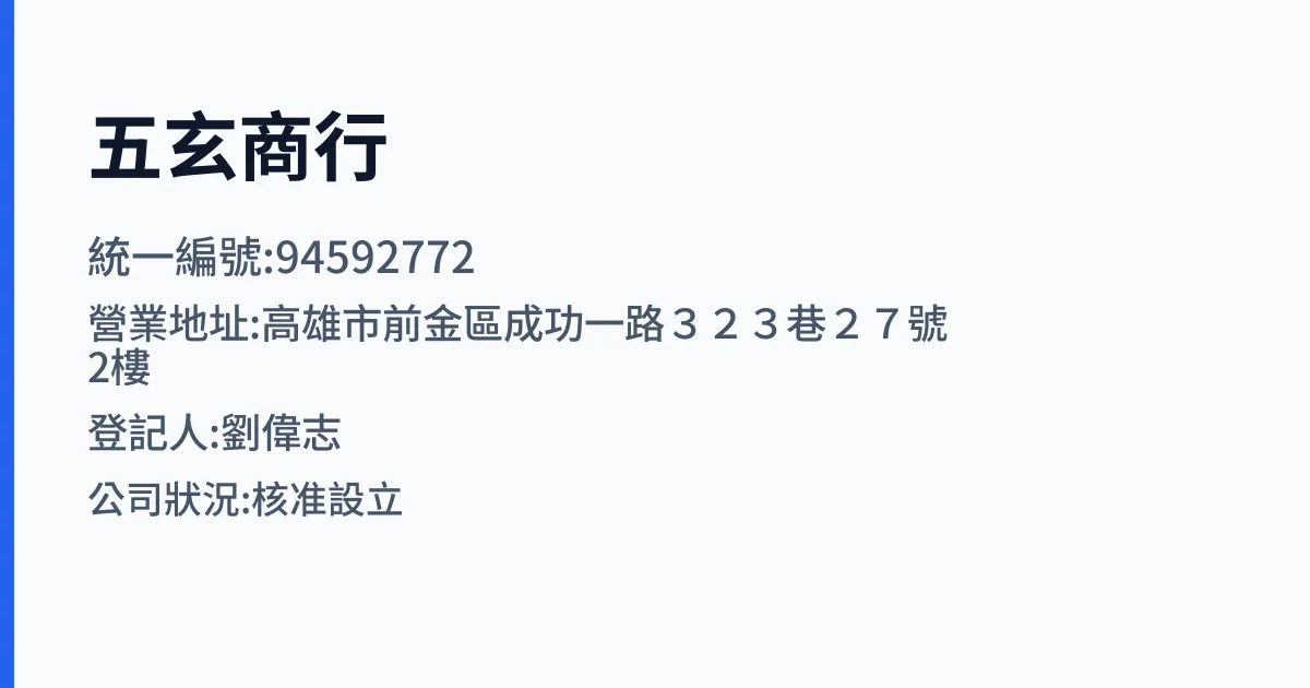 五玄商行 - 統編 94592772(高雄市) 公司登記資料與營業項目詳細圖表