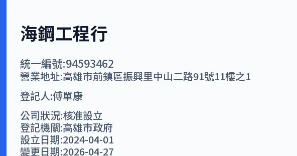 海鋼工程行的照片-統編 94593462(高雄市) 公司登記資料與營業項目詳細圖表