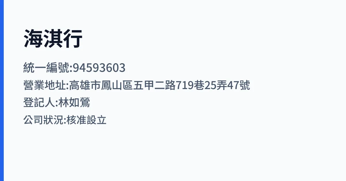 海淇行 - 統編 94593603(高雄市) 公司登記資料與營業項目詳細圖表