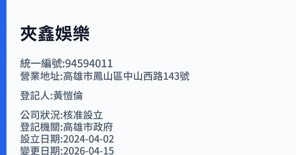夾鑫娛樂的照片-統編 94594011(高雄市) 公司登記資料與營業項目詳細圖表