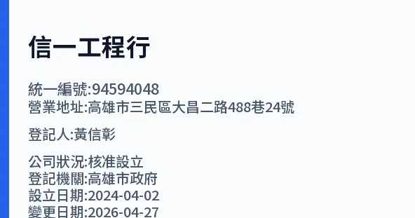 信一工程行的照片-統編 94594048(高雄市) 公司登記資料與營業項目詳細圖表