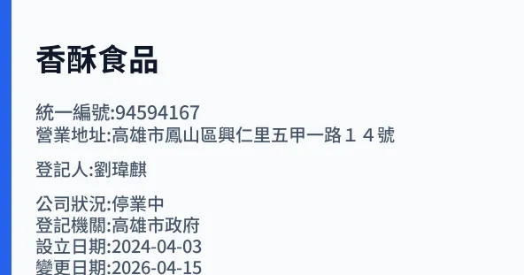 香酥食品的照片-統編 94594167(高雄市) 公司登記資料與營業項目詳細圖表