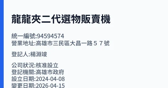龍龍夾二代選物販賣機的照片-統編 94594574(高雄市) 公司登記資料與營業項目詳細圖表