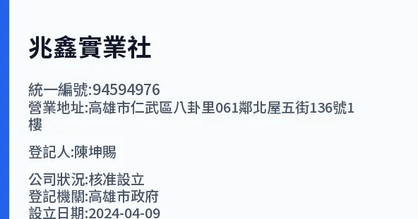 兆鑫實業社的照片-統編 94594976(高雄市) 公司登記資料與營業項目詳細圖表