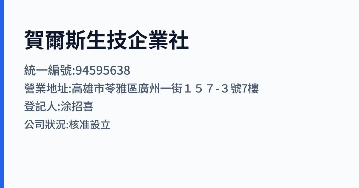 賀爾斯生技企業社 - 統編 94595638(高雄市) 公司登記資料與營業項目詳細圖表