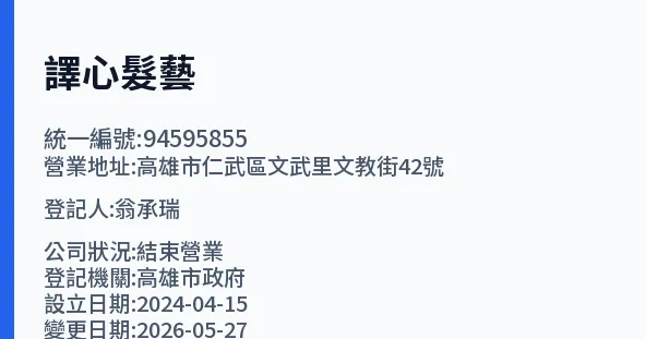 譯心髮藝的照片-統編 94595855(高雄市) 公司登記資料與營業項目詳細圖表