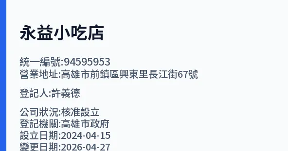 永益小吃店的照片-統編 94595953(高雄市) 公司登記資料與營業項目詳細圖表