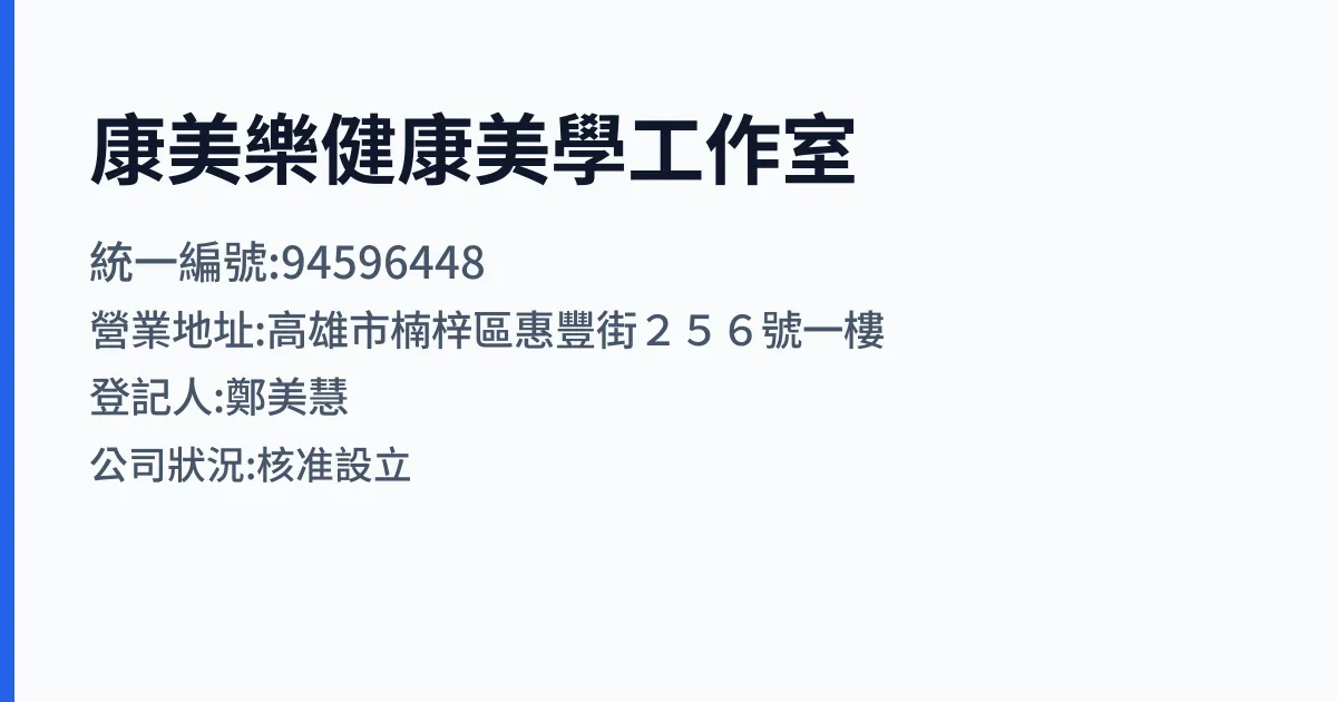 康美樂健康美學工作室 - 統編 94596448(高雄市) 公司登記資料與營業項目詳細圖表