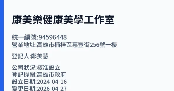 康美樂健康美學工作室的照片-統編 94596448(高雄市) 公司登記資料與營業項目詳細圖表