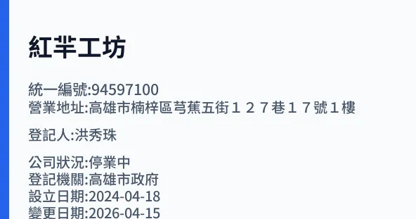紅羋工坊的照片-統編 94597100(高雄市) 公司登記資料與營業項目詳細圖表