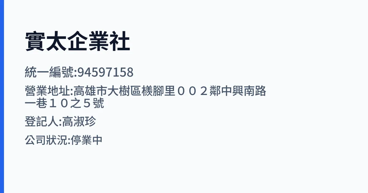 實太企業社 - 統編 94597158(高雄市) 公司登記資料與營業項目詳細圖表