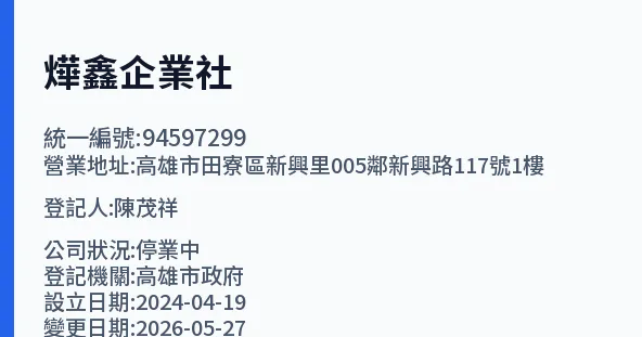 燁鑫企業社的照片-統編 94597299(高雄市) 公司登記資料與營業項目詳細圖表