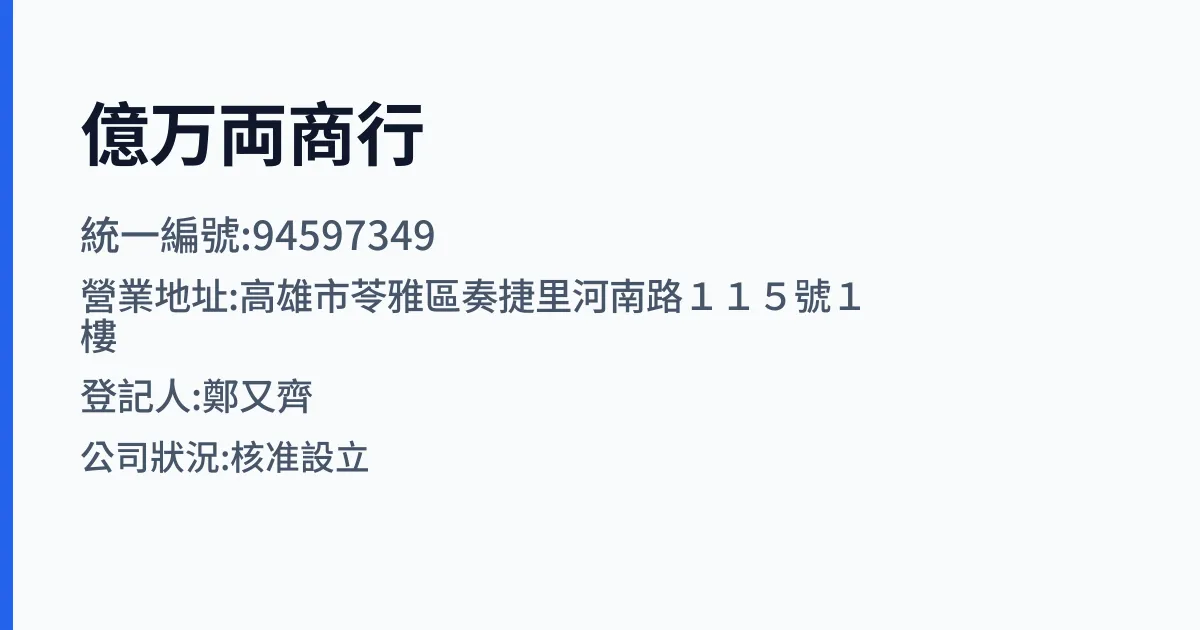 億万両商行 - 統編 94597349(高雄市) 公司登記資料與營業項目詳細圖表